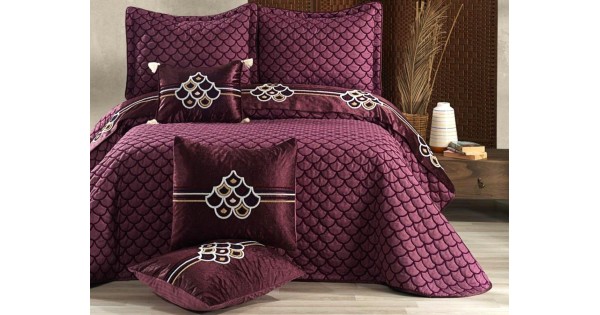 Set LUXURY DIVA 6 piese Cuvertura satinata cu broderie din catifea si 5 fete de perna, Mov ...